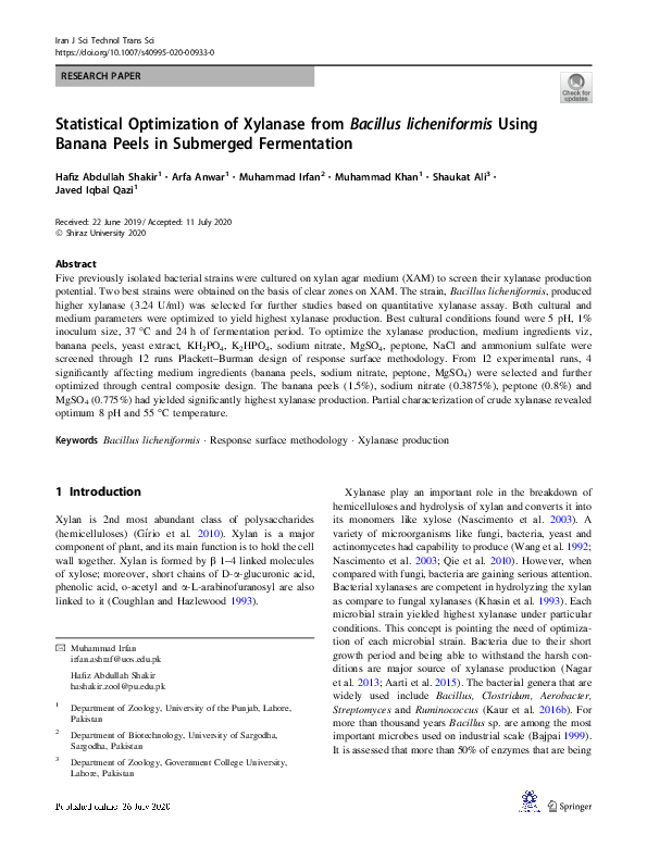 (PDF) Statistical Optimization of Xylanase from Bacillus licheniformis Using Banana Peels in ...