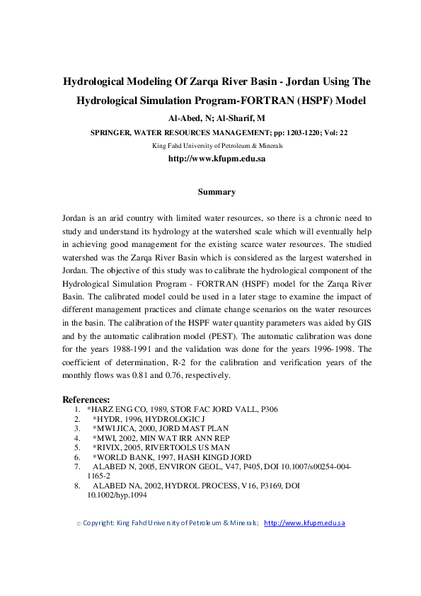 (PDF) Hydrological Modeling of Zarqa River Basin – Jordan Using the Hydrological Simulation ...