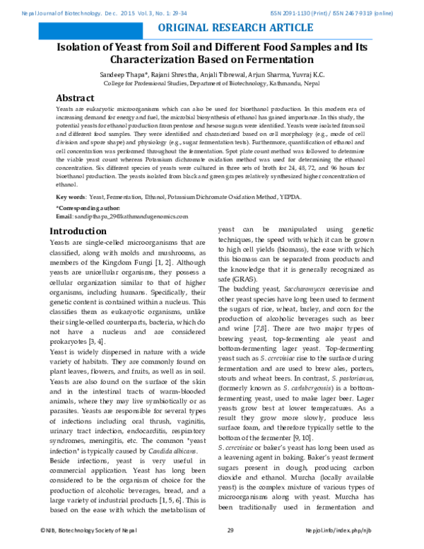 (PDF) Isolation of yeast from soil and different food samples and its characterization based on ...