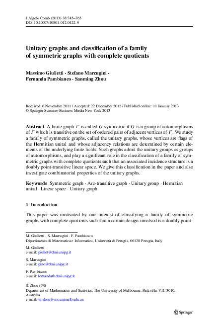 (PDF) Unitary graphs and classification of a family of symmetric graphs ...