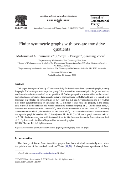 (PDF) Finite symmetric graphs with two-arc transitive quotients | Sanming Zhou - Academia.edu