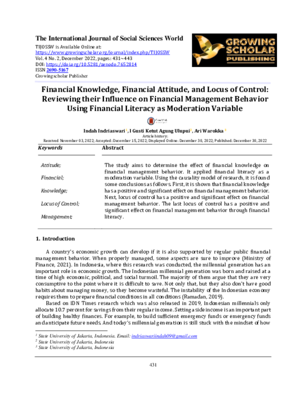 (PDF) Financial knowledge, financial attitude, and locus of control: reviewing their influence ...