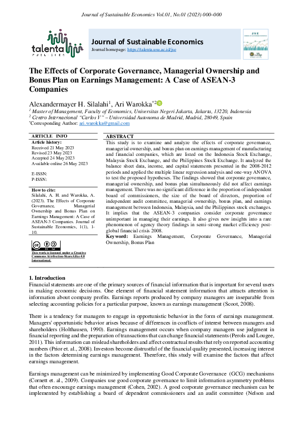 (PDF) The Effects of Corporate Governance, Managerial Ownership and Bonus Plan on Earnings ...