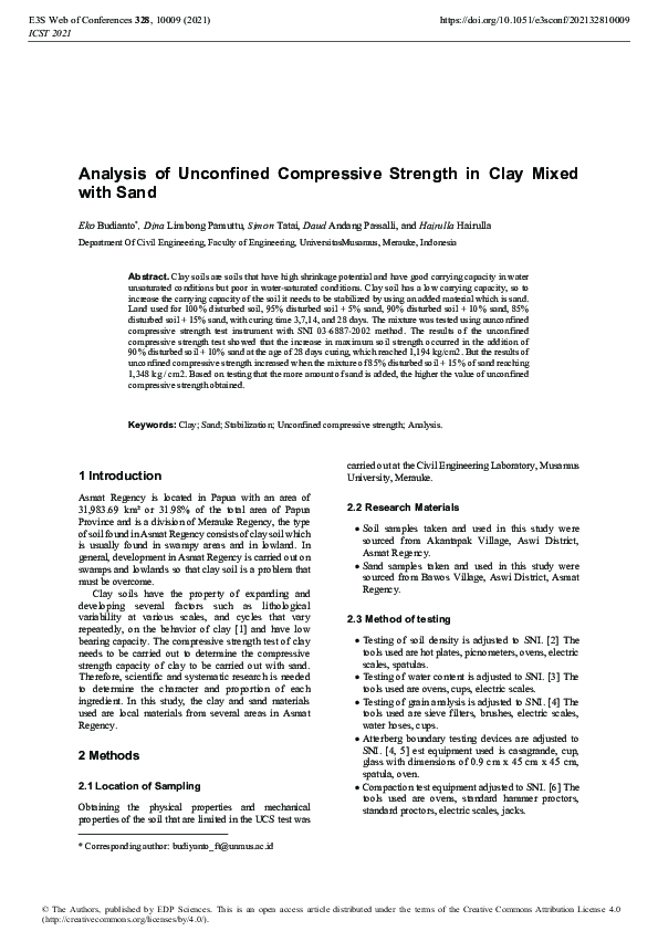 (PDF) Analysis of Unconfined Compressive Strength in Clay Mixed with Sand