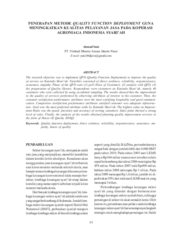 (PDF) Penerapan Metode Quality Function Deployment Guna Meningkatkan Kualitas Pelayanan Jasa ...
