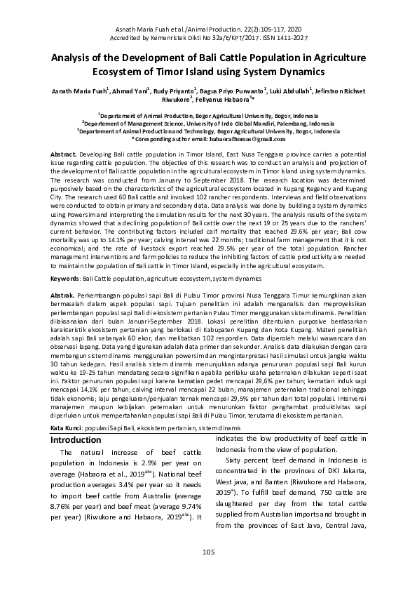(PDF) Analysis of the Development of Bali Cattle Population in Agriculture Ecosystem of Timor ...