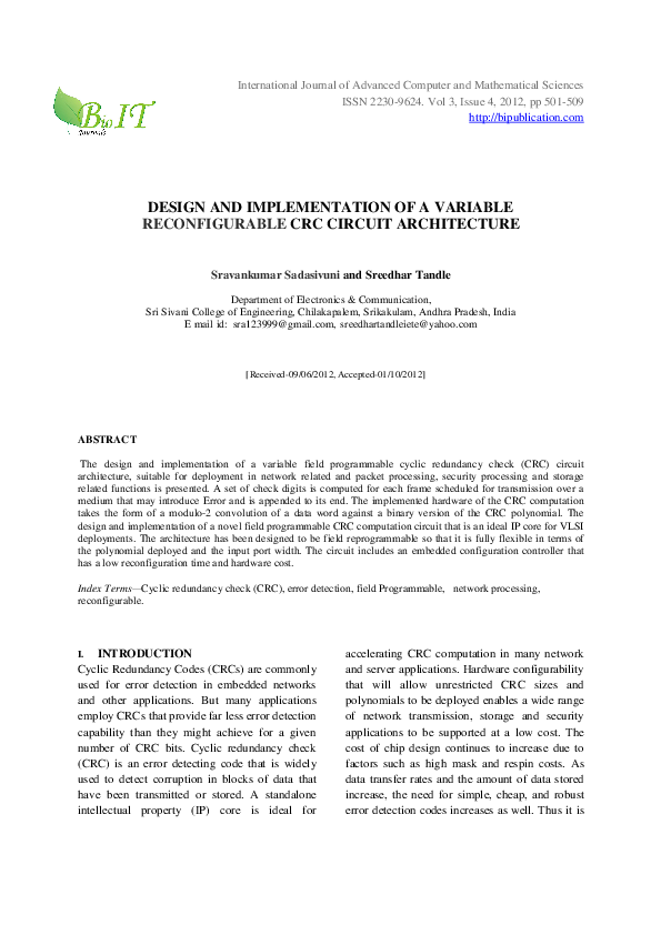 Pdf Design And Implementation Of A Variable Reconfigurable Crc Circuit Architecture