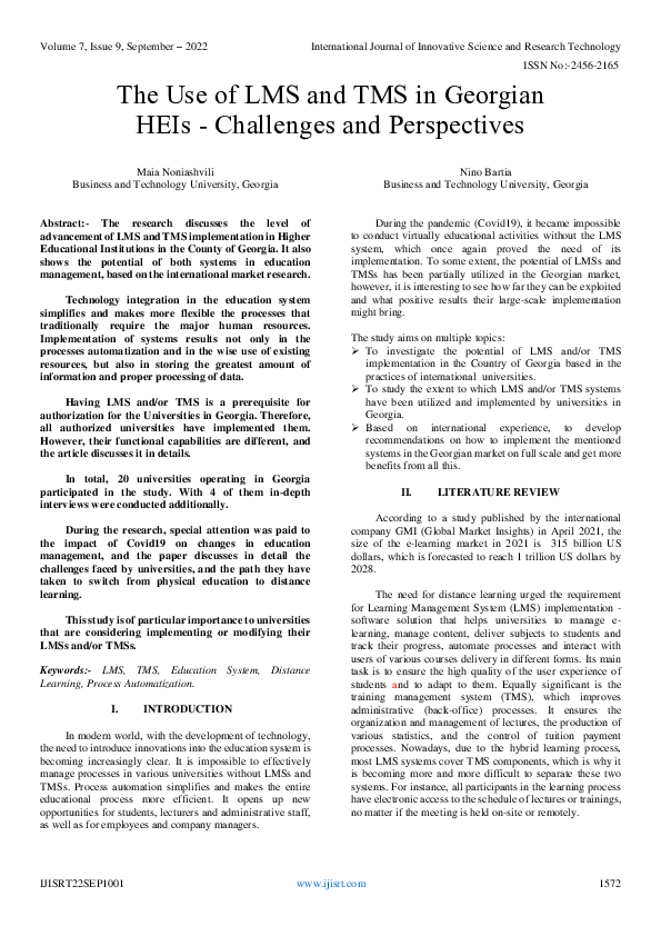 (PDF) The Use of LMS and TMS in Georgian HEIs - Challenges and Perspectives