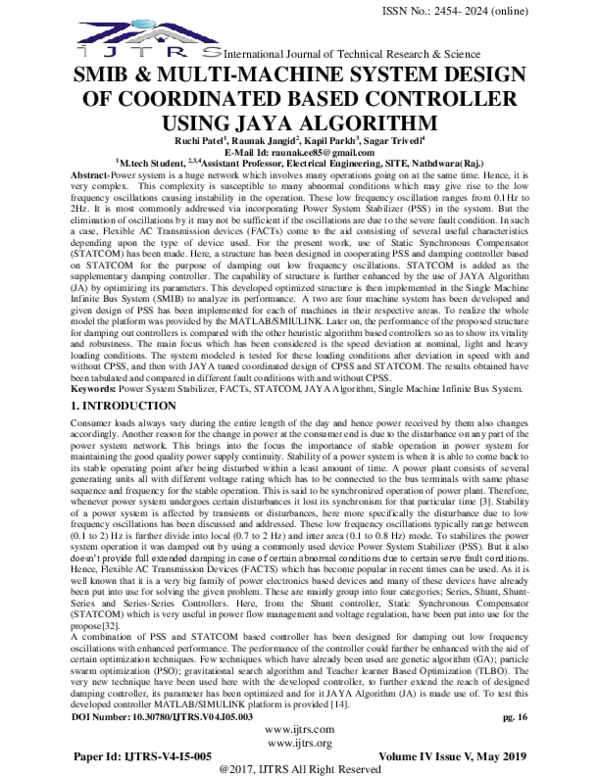 Pdf Smib And Multi Machine System Design Of Coordinated Based Controller Using Jaya Algorithm