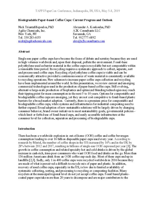 (PDF) Biodegradable Paper-based Coffee Cups: Current Progress and Outlook