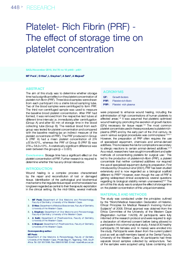 (PDF) Platelet-Rich Fibrin ( PRF )-The effect of storage time on ...