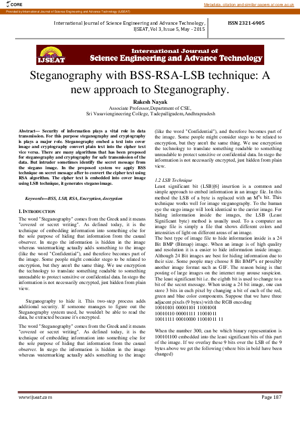 (PDF) Steganography with BSS-RSA-LSB technique: A new approach to Steganography