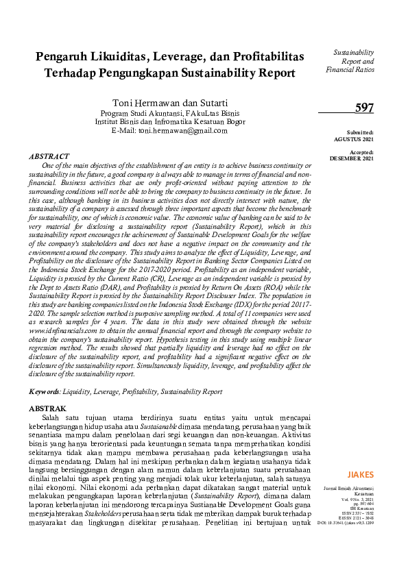 (PDF) Pengaruh Likuiditas, Leverage, dan Profitabilitas Terhadap Pengungkapan Sustainability Report