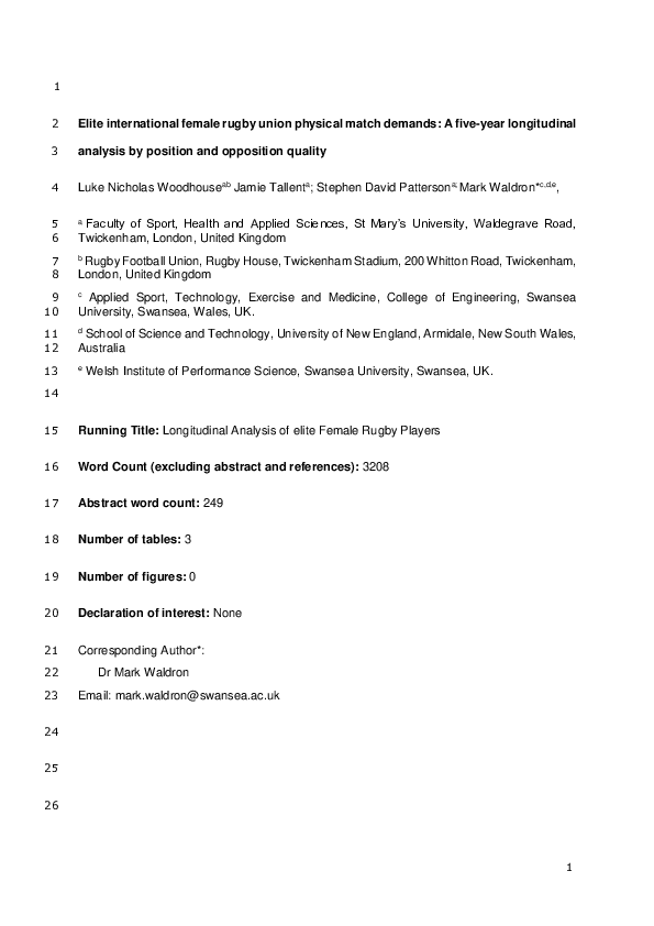 (PDF) Elite international female rugby union physical match demands: A five-year longitudinal ...