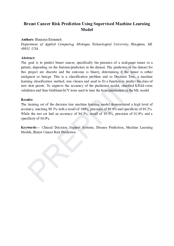 (PDF) Breast Cancer Risk Prediction Using Supervised Machine Learning Model