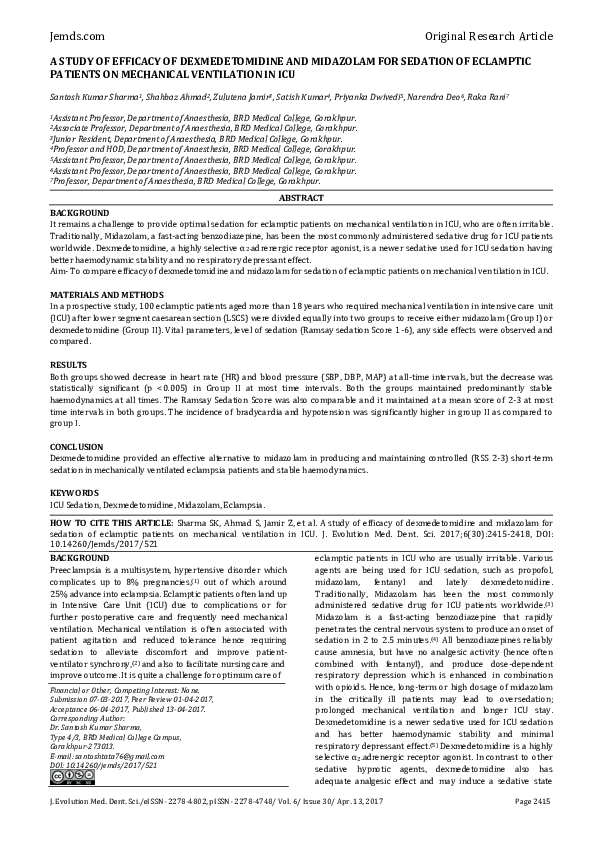 (PDF) A Study of Efficacy of Dexmedetomidine and Midazolam for Sedation ...