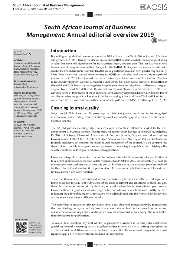 (PDF) South African Journal of Business Management: Annual editorial overview 2019 | Jeremias J ...