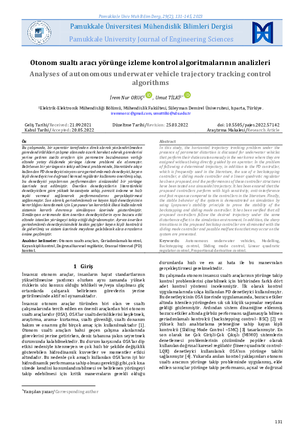 (PDF) Analyses of autonomous underwater vehicle trajectory tracking control algorithms | İrem ...