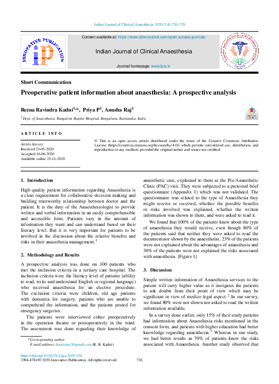 (PDF) Preoperative patient information about anaesthesia: A prospective ...