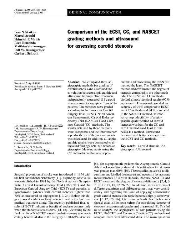 (PDF) Comparison of the ECST, CC, and NASCET grading methods and ...