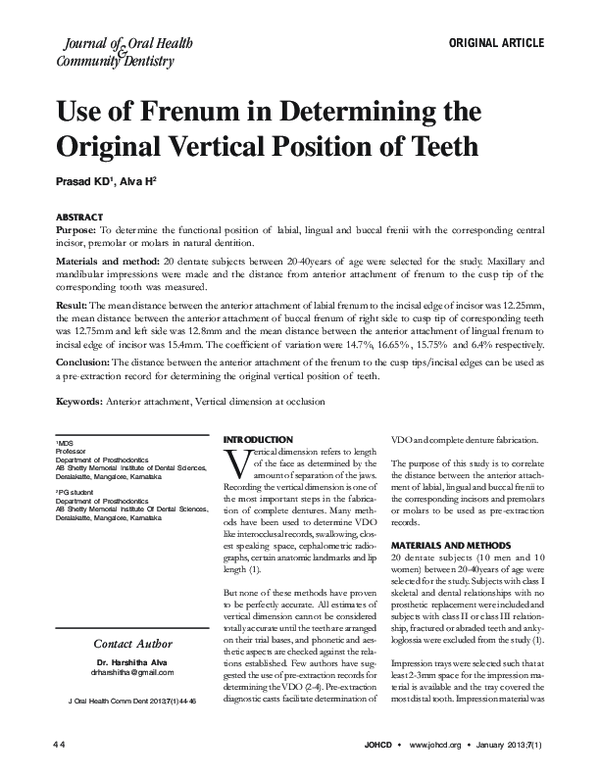 (PDF) Use of Frenum in Determining the Original Vertical Position of Teeth