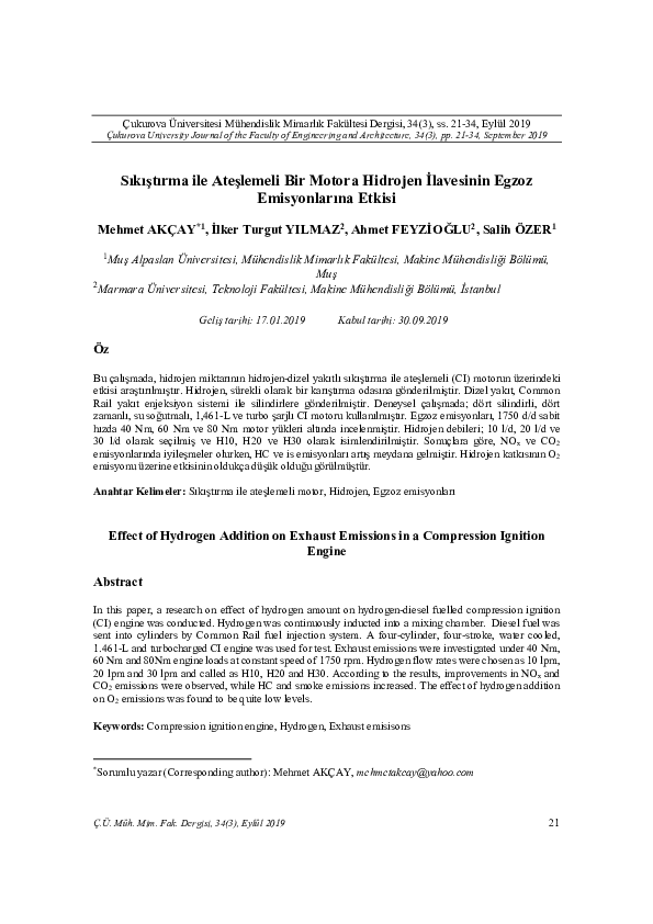 (PDF) Effect of Hydrogen Addition on Exhaust Emissions in a Compression Ignition Engine | Mehmet ...