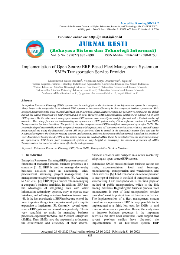 (PDF) Implementation of Open-Source ERP-Based Fleet Management System on SMEs Transportation ...