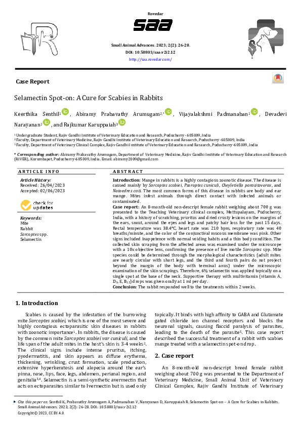 (PDF) Selamectin Spot-on: A Cure for Scabies in Rabbits