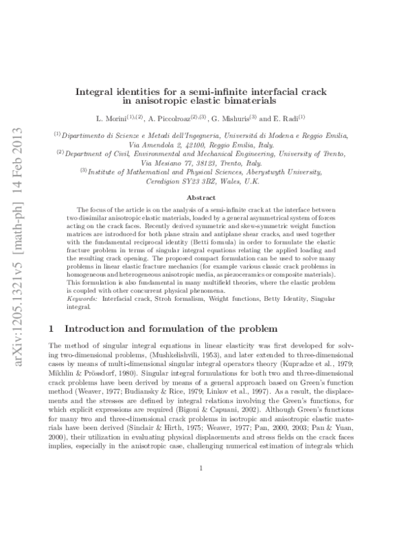 (PDF) Integral identities for a semi-infinite interfacial crack in ...