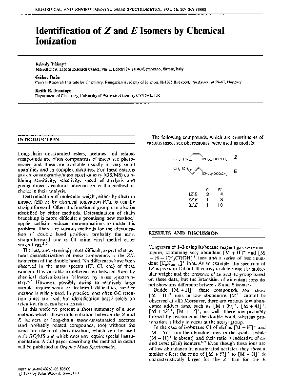 Identification ofZ andE isomers by chemical ionization