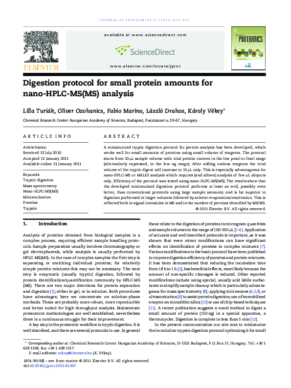 (PDF) Digestion protocol for small protein amounts for nano-HPLC-MS(MS ...