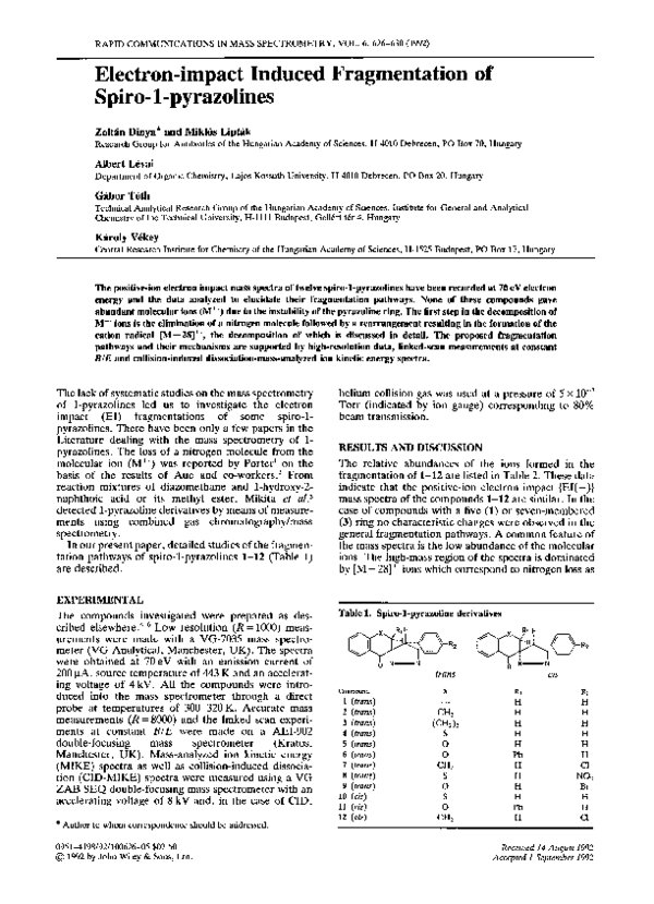 (PDF) Electron‐impact induced fragmentation of spiro‐1‐pyrazolines