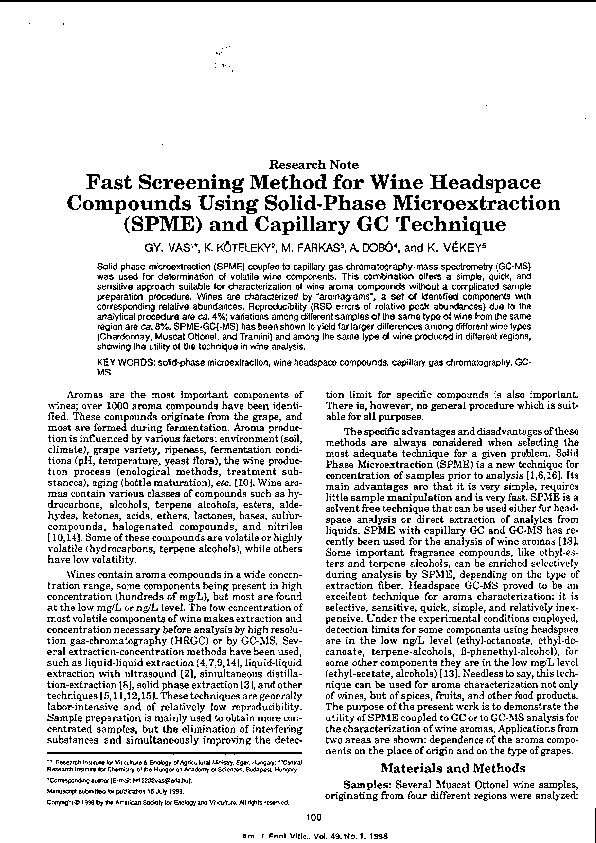 (PDF) Fast Screening Method for Wine Headspace Compounds Using Solid-Phase Microextraction (SPME ...
