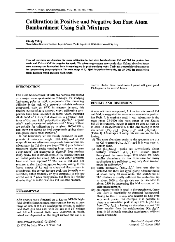 (PDF) Calibration in positive and negative ion fast atom bombardment using salt mixtures ...