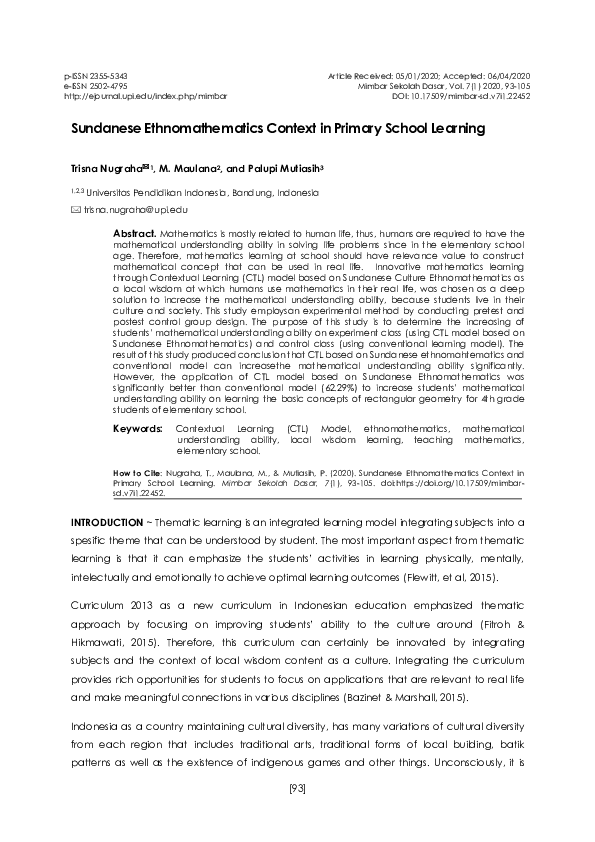(PDF) Sundanese Ethnomathematics Context in Primary School Learning