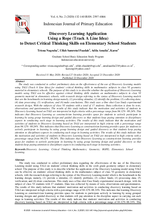 (PDF) Discovery Learning Application Using a Rope (Track A Line Idea) to Detect Critical ...