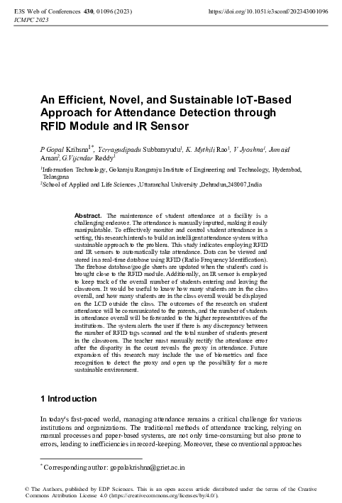 Pdf An Efficient Novel And Sustainable Iot Based Approach For Attendance Detection Through