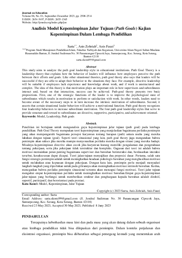 (PDF) Analisis Model Kepemimpinan Jalur Tujuan (Path Goals) Kajian Kepemimpinan Dalam Lembaga ...