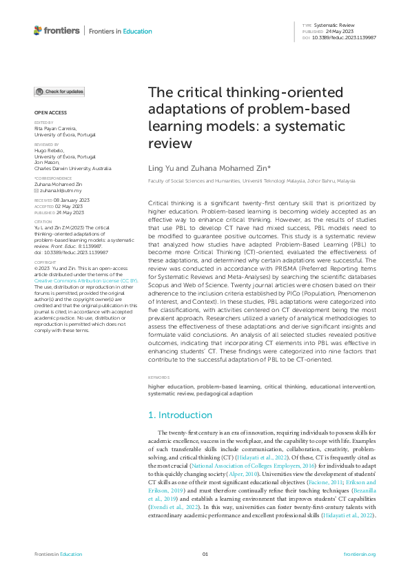(PDF) The critical thinking-oriented adaptations of problem-based learning models: a systematic ...