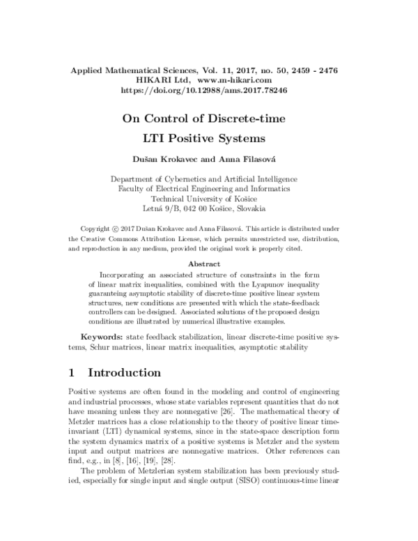 (PDF) On control of discrete-time LTI positive systems