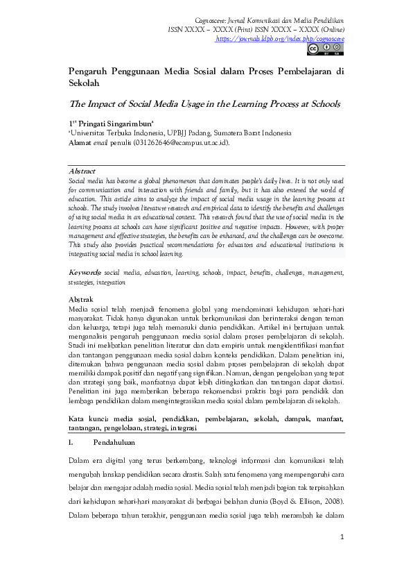(PDF) Pengaruh Penggunaan Media Sosial dalam Proses Pembelajaran di Sekolah