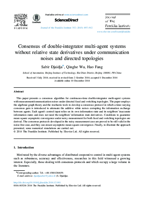 (PDF) Consensus in Noisy Multi-Agent Systems