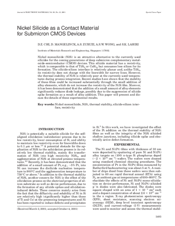 (PDF) Nickel silicide as a contact material for submicron CMOS devices