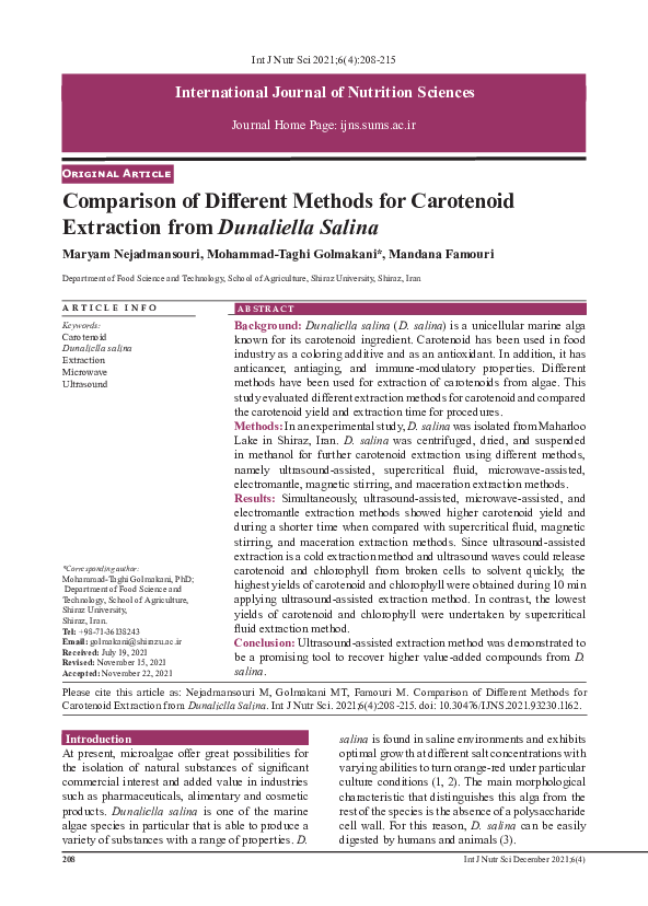 (PDF) Comparison of Different Methods for Carotenoid Extraction from Dunaliella Salina