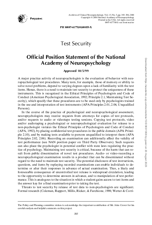 (PDF) Official Position Statement of the National Academy of Neuropsychology | David Faust ...