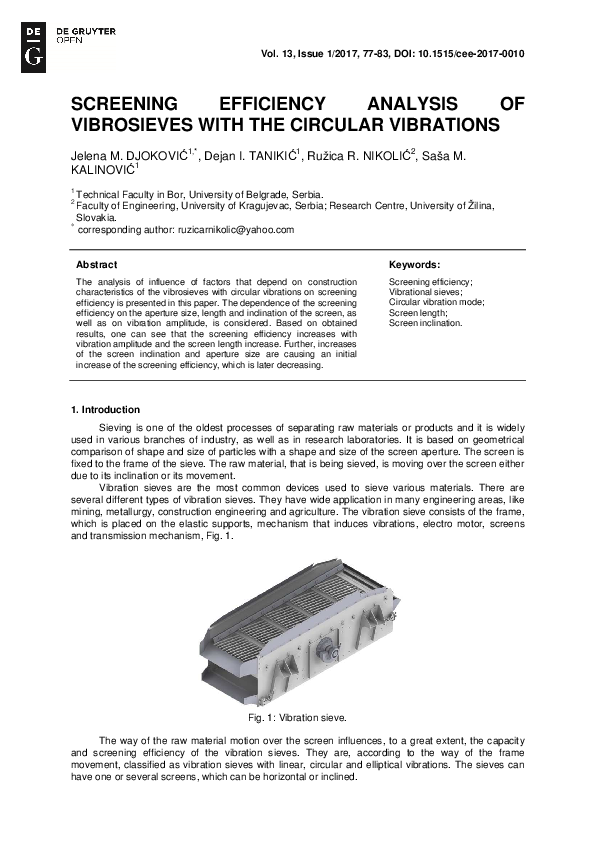 (PDF) Screening Efficiency Analysis of Vibrosieves with the Circular Vibrations