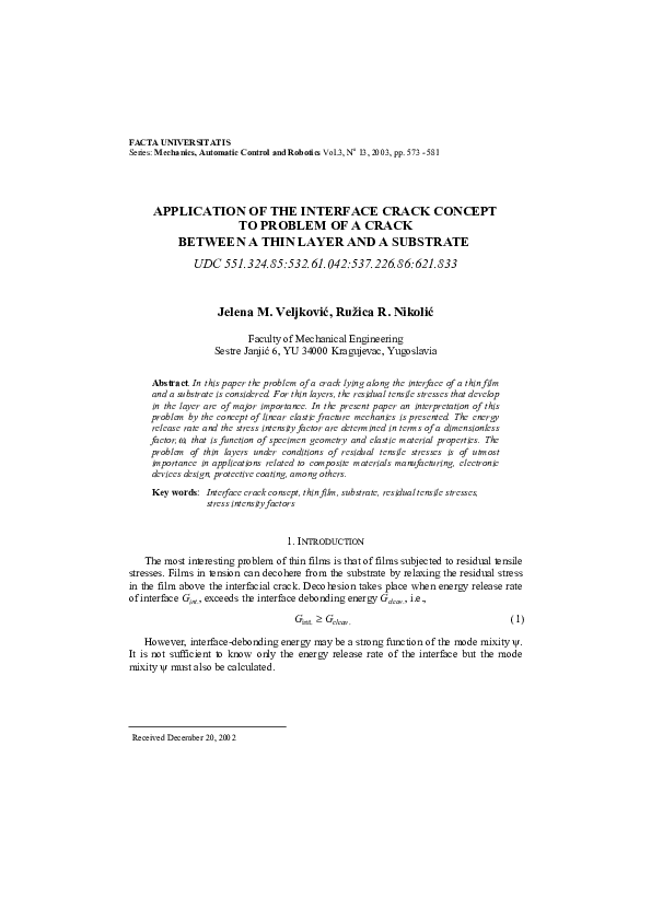 (PDF) Application of the interface crack concept to problem of a crack ...