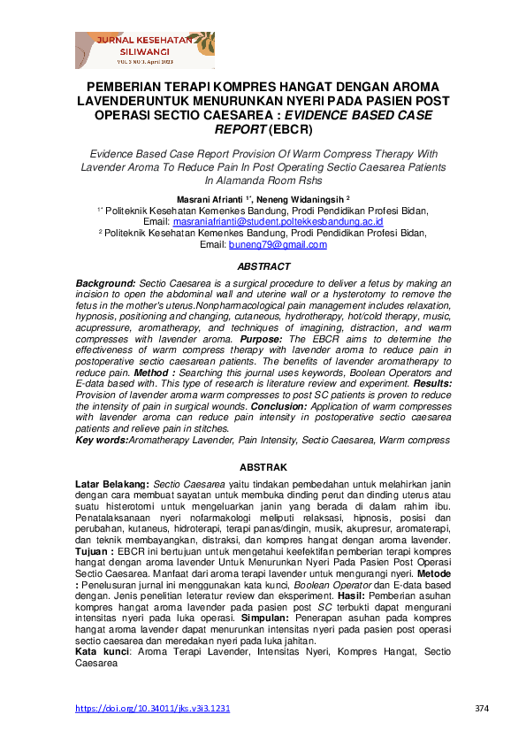 (PDF) Pemberian Terapi Kompres Hangat Dengan Aroma Lavender Untuk Menurunkan Nyeri Pada Pasien ...