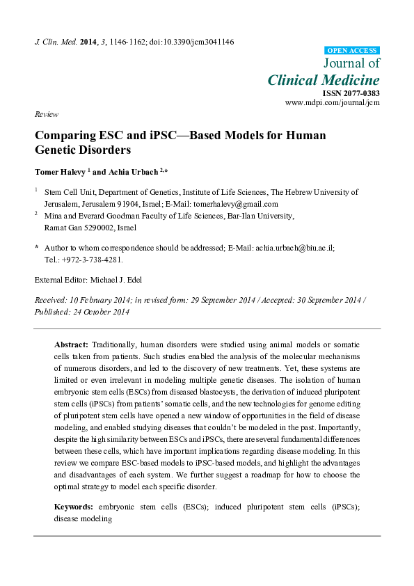 (PDF) Comparing ESC and iPSC—Based Models for Human Genetic Disorders