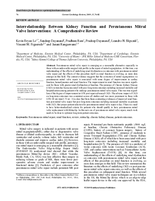 (PDF) Kidney Function and Mitral Valve Repair Outcomes